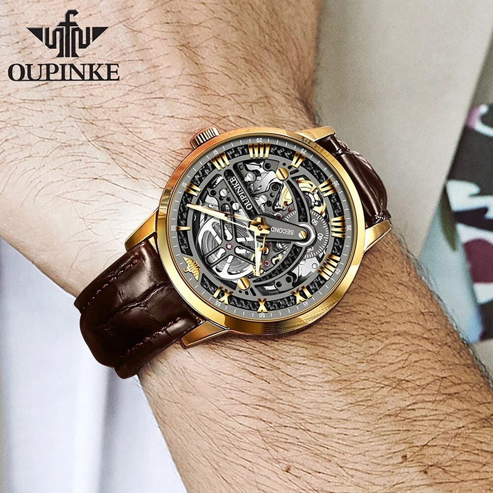 Automatic Waterproof Mechanical Watch Men's Leather Luxury Skeleton Men ...