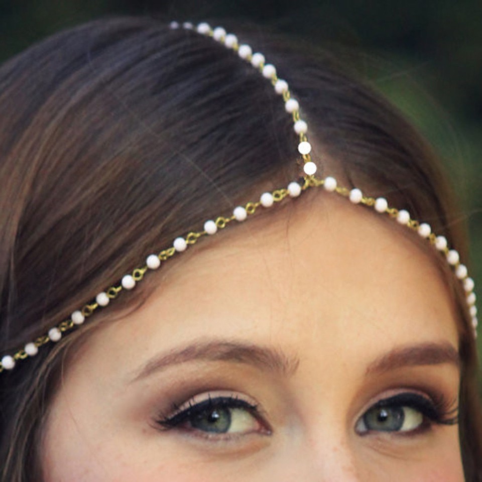 Celebrity Wedding Bride Faux Pearl Bead Tassel Chain Hair Band ...