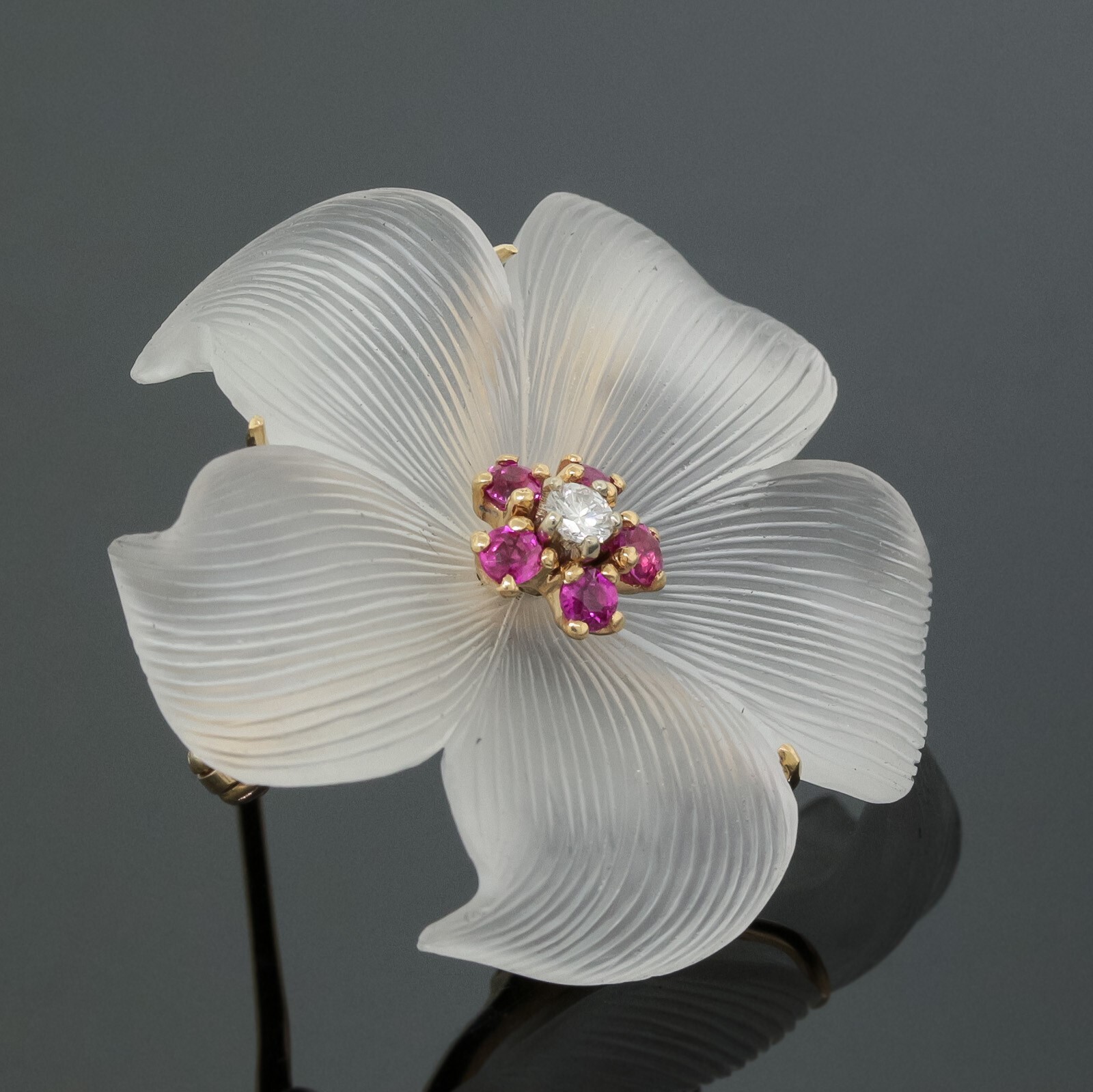 Tiffany & Co. Diamond, Ruby, & Carved Rock Crystal Flower Brooch 14K ...