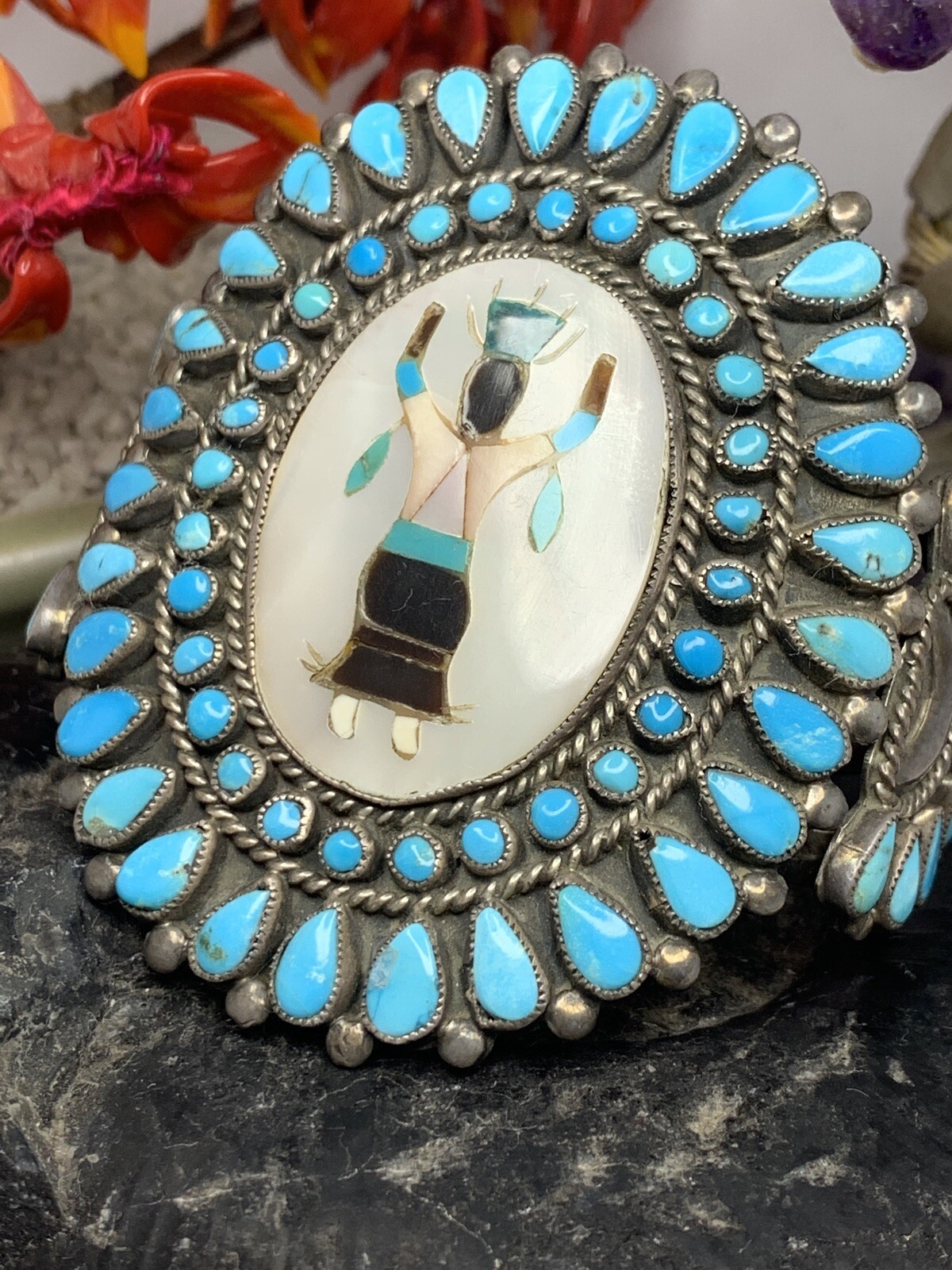 Rare Zuni Tribal Torquise And Shell Silver Bracelet Huge | eBay