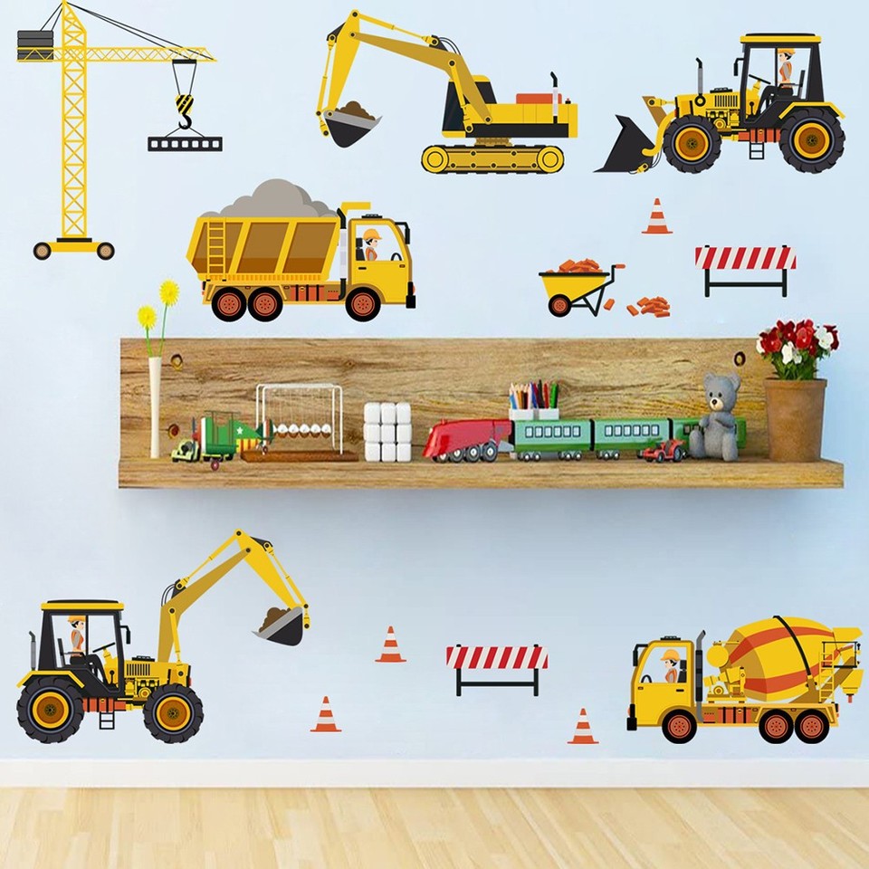 Cartoon Style Wall Sticker Kids Room Decals Construction Vehicle ...