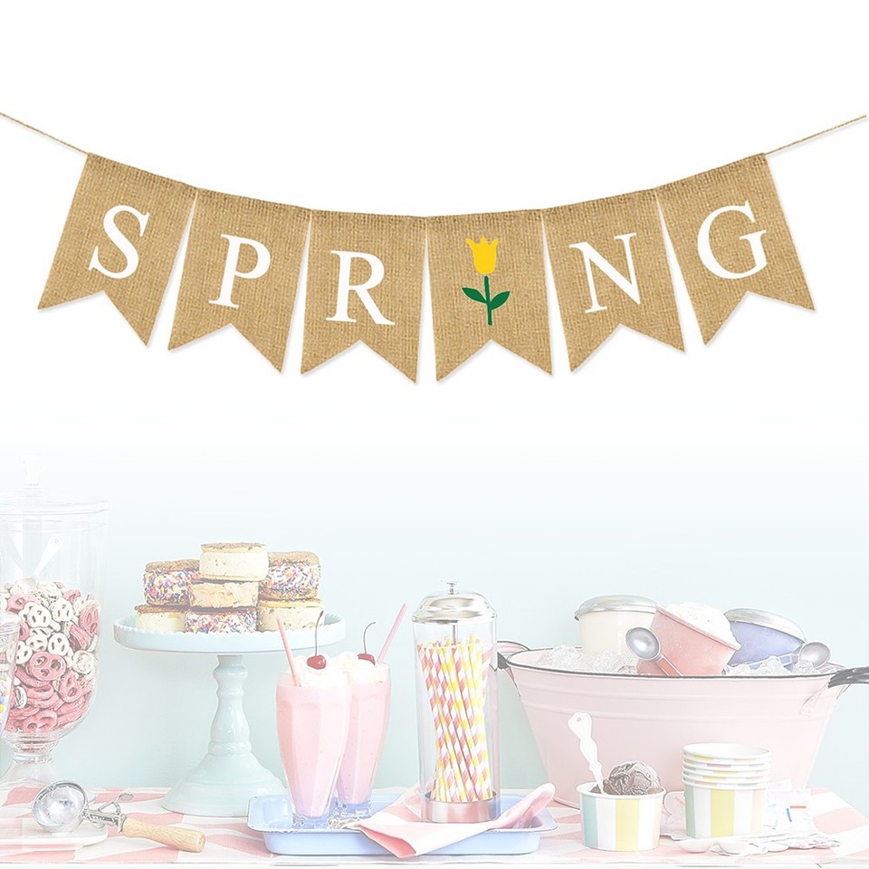 SPRING Letters Bunting Banner Decorative Flower Pattern Linen Burlap ...