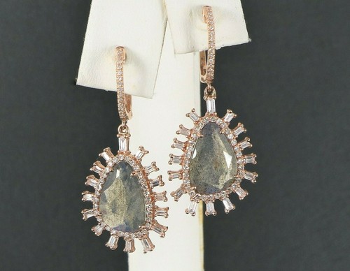 $3,250 14K Rose Gold Romanian Spectrolite Round Baguette Diamond Dangle ...