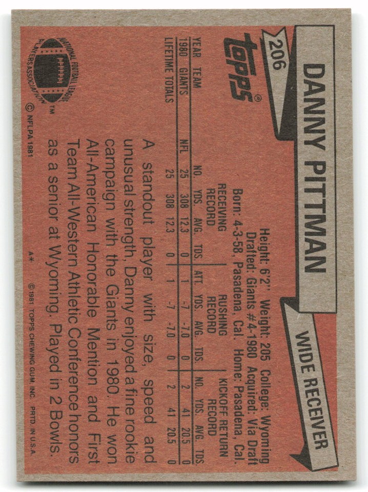 1981 Topps #206 Danny Pittman New York Giants RC | eBay