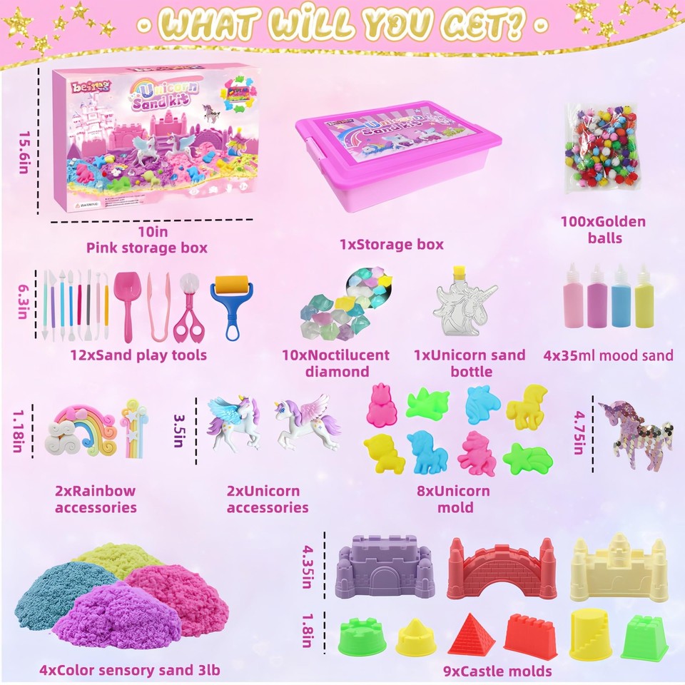Unicorn Sensory Bin Sand Kit - 155 Pcs with 3lbs Sand, 9 Castle & 8 ...