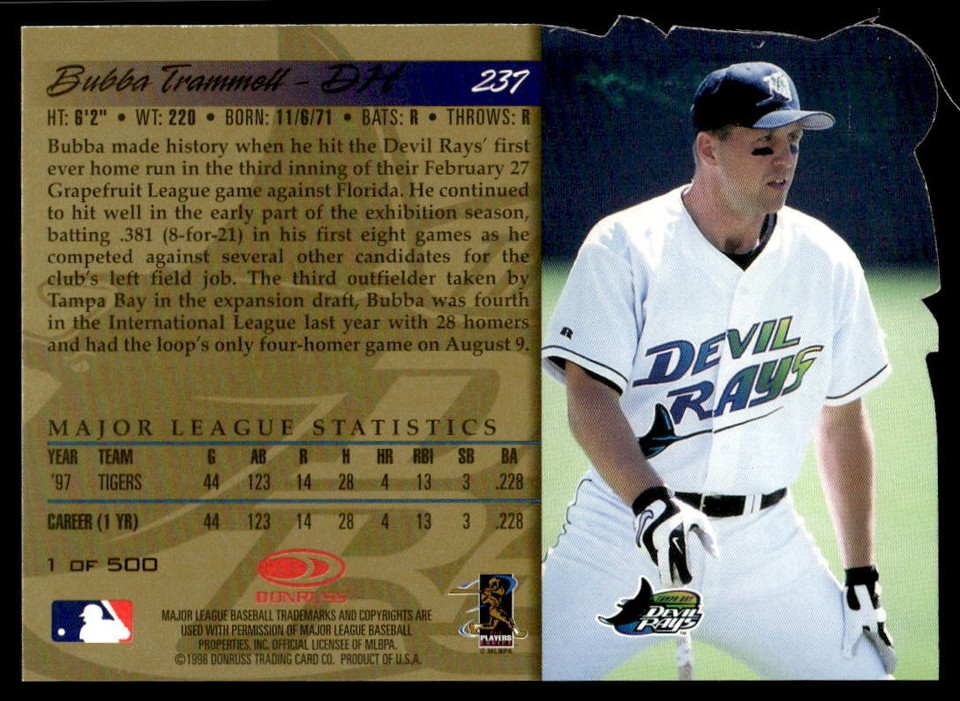 1998 Donruss Press Proofs Gold 237 Bubba Trammell Tampa Bay Devil Rays ...
