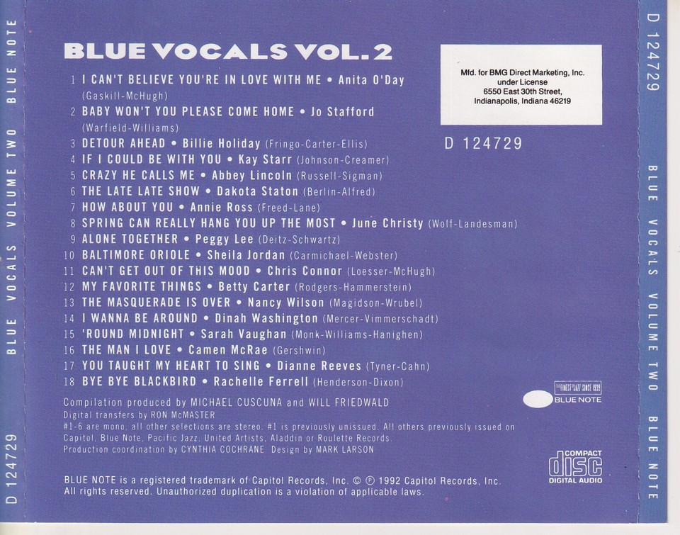 BLUE VOCALS Volume 2 Great Female Vocalists (CD 1992) Blue Note BLUES ...