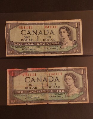 2 of 1954 Bank of Canada $1 Banknotes. ALMOST SOLID SERIAL #. Well ...