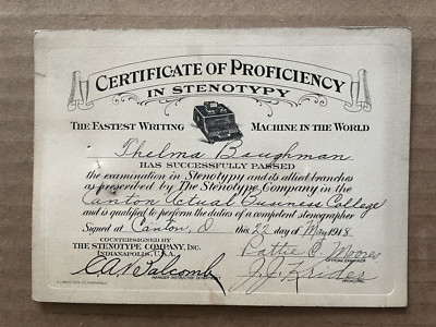 1918 Certificate Proficiency STENOTYPY Personalized Thelma Baughman ...