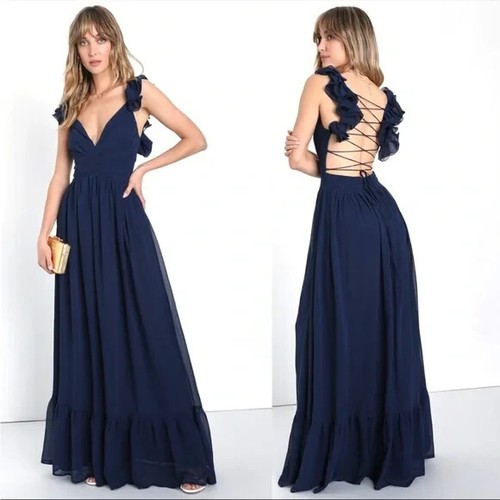 LULU'S S Blue Soiree Celebration Ruffled Sleeveless Lace-Up Maxi Dress ...