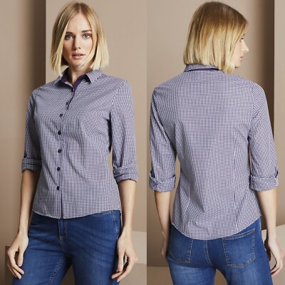 Womens Gingham Check Shirt 3/4 Sleeve Fitted Work Office Smart Casual ...