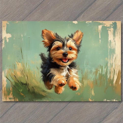 POSTCARD Excited Yorkie Painting Bold Background Vibrant Pet Scene Cute ...
