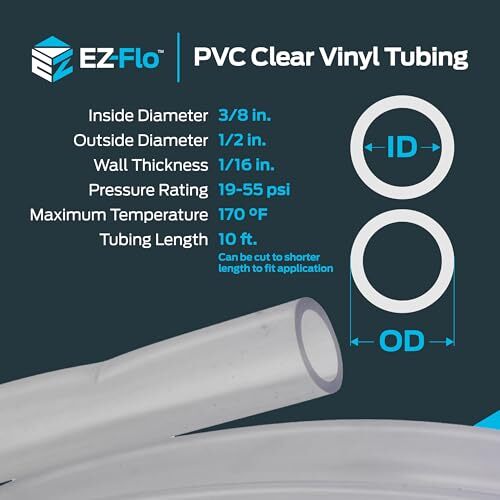 EZ-FLO 3/8 Inch ID 1/2 Inch OD PVC Clear Vinyl Tubing 10 Foot Length ...