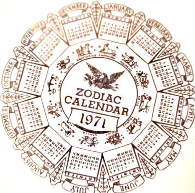 1971 Zodiac Calendar Plate 10" Bone White Gold Eagle Birthday ...