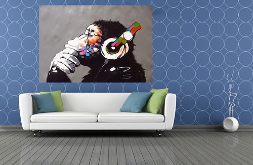 Framed art print painting DJ ape monkey chimp headphones Canvas ...