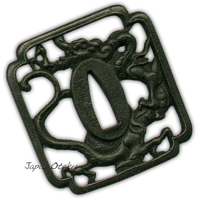 Japanese sword mountings KATANA 鍔 STEEL TSUBA Square Dragon | eBay