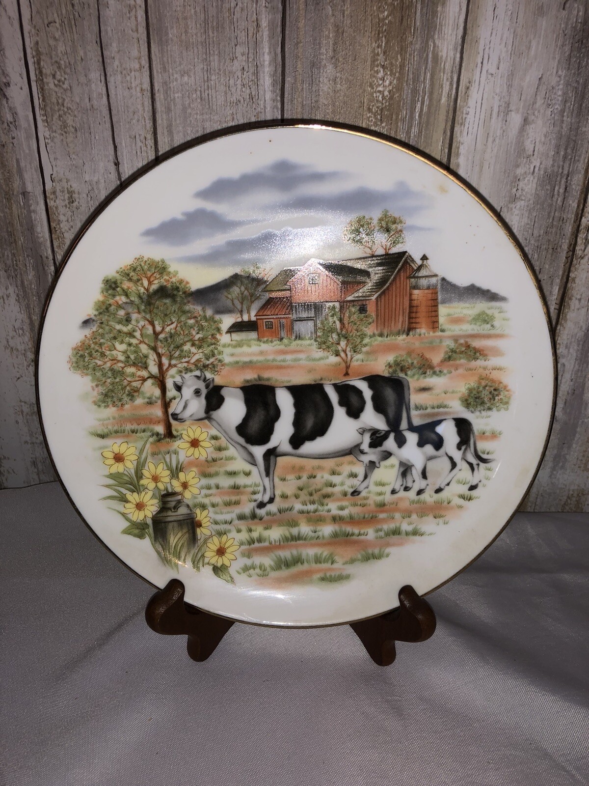 Vintage Cow Plate On Wooden Stand | eBay