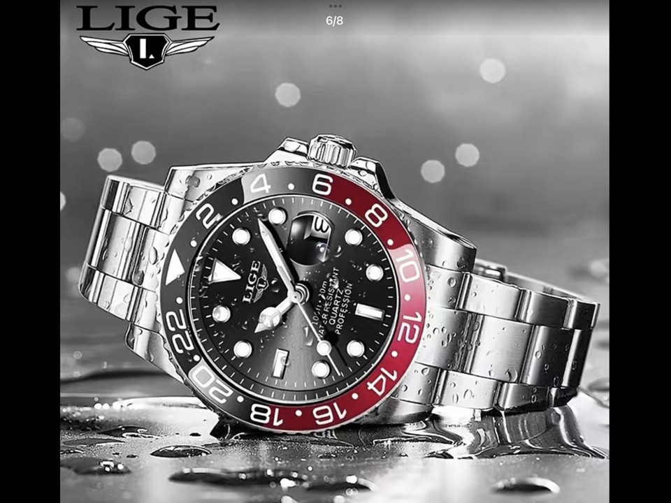 LIGE / Men's Black Dial Stainless Steel Coke Bezel GMT Lige Men's Watch ...