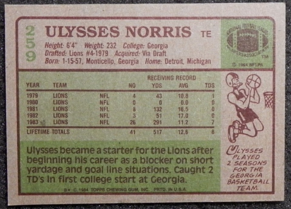 ULYSSES NORRIS 1984 Topps Card #259 _ Card (A) _ DETROIT LIONS | eBay