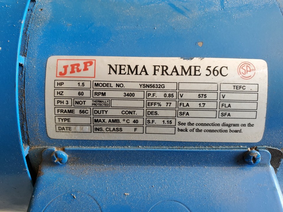 JRP 1-1/2 HP 3 PH 575 Volt 3400 RPM TEFC Electric Motor 56C Model ...