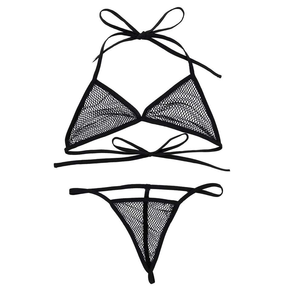 Women See Through Fishnet Bikini Set Halter Bra Tops Micro Thong ...