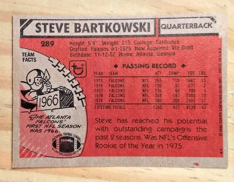 1980 TOPPS STEVE BARTKOWSKI CARD#289 NMINT RAMS FALCONS UNIVERSITY OF ...