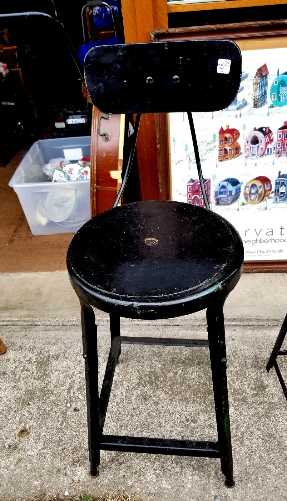 Stool - Antique c1918 Industrial CAST IRON & OAK WOOD w/ Back Rest -WW1 ...