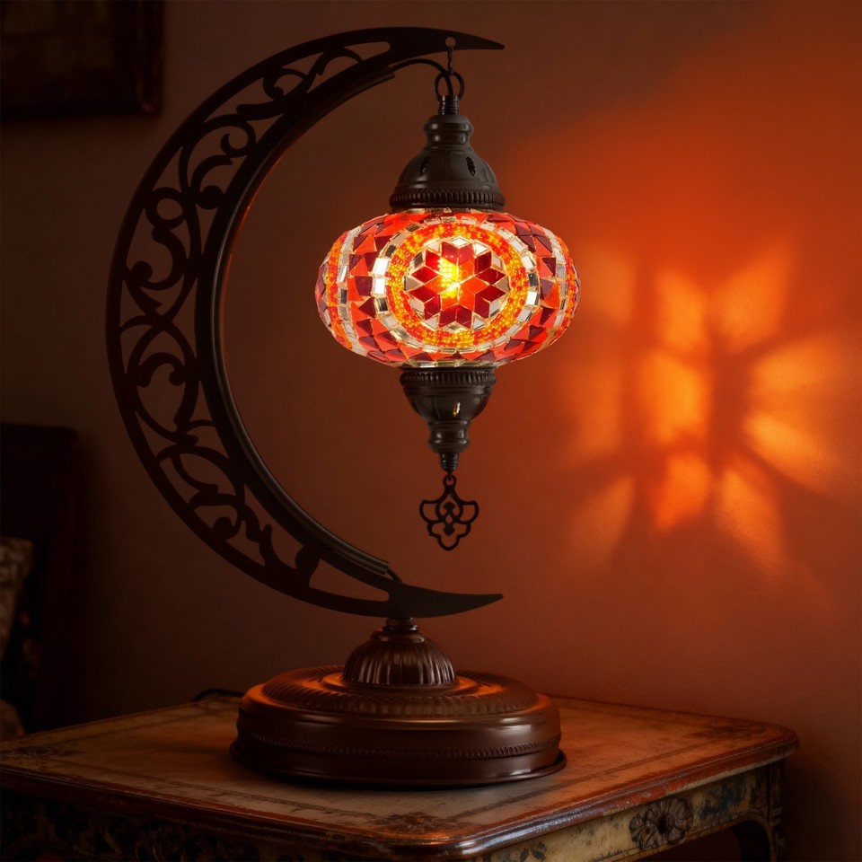 Mozaist Turkish Mosaic Moon Table Lamp, Moroccan Style Stained Glass ...