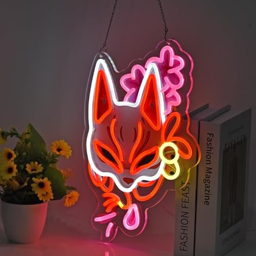 Fox Mask きつねめん Neon Sign, Neon Lights Hanging Wall Art Decoration Red ...
