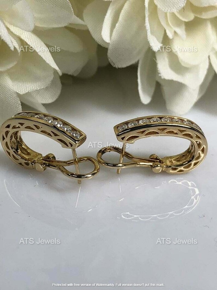 1 Ct Round Cut Moissanite Omega Back Hoop Earrings 14k Real Yellow Gold ...