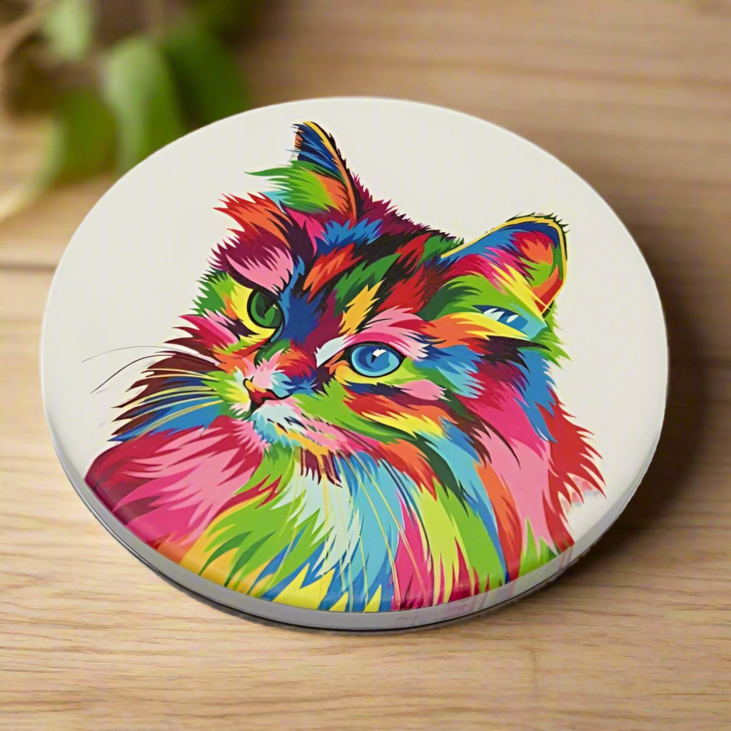 Set of 4 Ceramic Round Rainbow Cat Coasters Drinks Table Coaster Cork ...