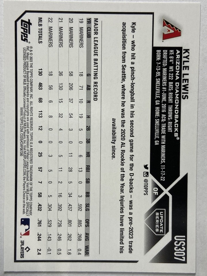 Kyle Lewis Arizona Diamondbacks 2023 Topps Update #US307 Baseball | eBay