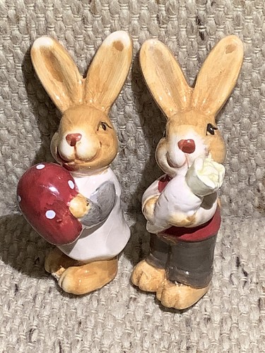 2 Happy Bunny Rabbits Hand Painted Ceramic Figurine Ornaments 10.5cm ...
