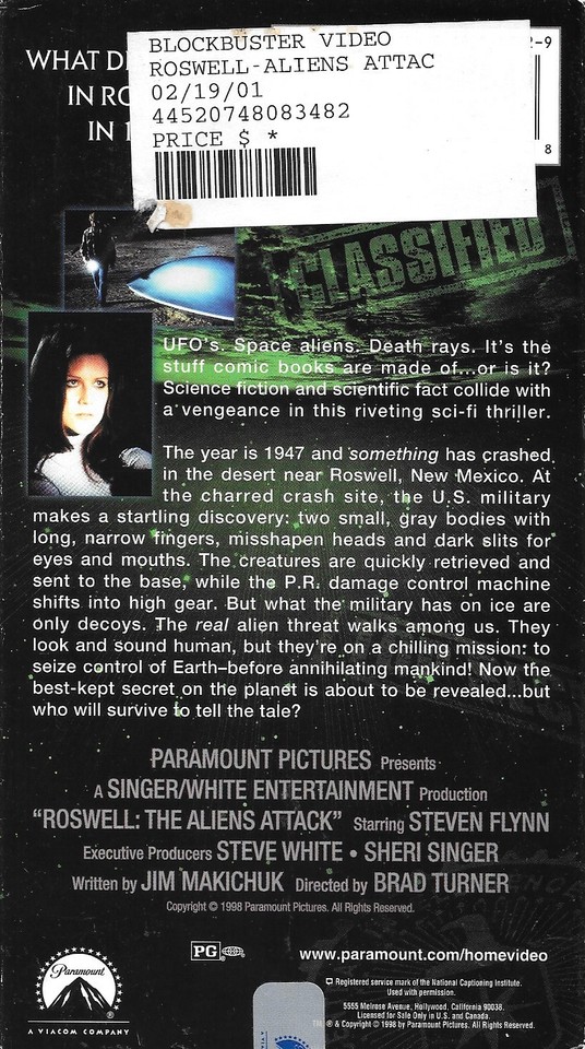 ROSWELL THE ALIENS ATTACK (VHS) HTF OOP SCI-FI Aliens 1999 97368027138 ...