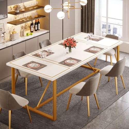 71" Modern Rectangle Dining Table for 6 to 8, Wood Metal Trestle ...
