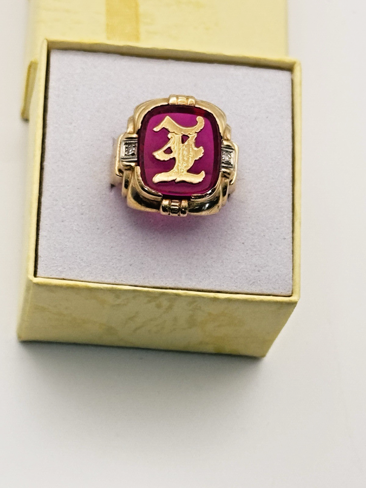 Men's 10k Yellow Gold Ruby & Diamond Ring Monogram Size 8.25, 6.6 Grams ...