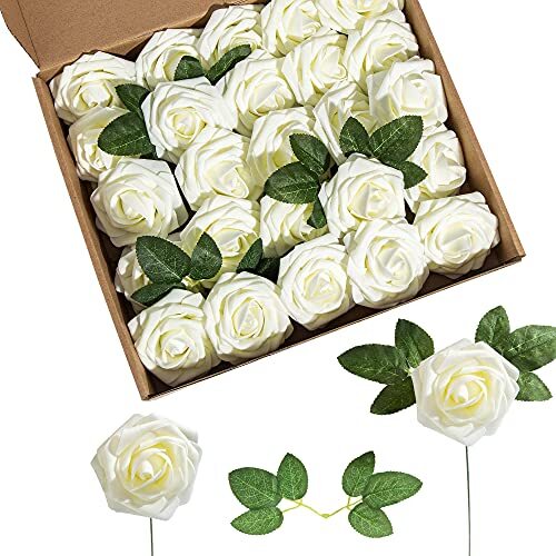 Artificial Flower Foam Rose 25pcs Real Looking Fake Rose with Stems ...