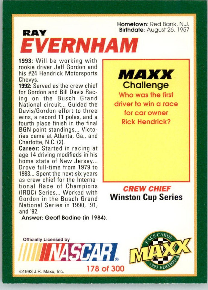 Ray Evernham 1993 Maxx #178 Racing | eBay