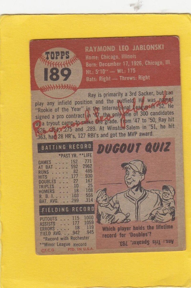 1953 Topps #189 Ray Jablonski St. Louis Cardinals EX Excellent RC ...
