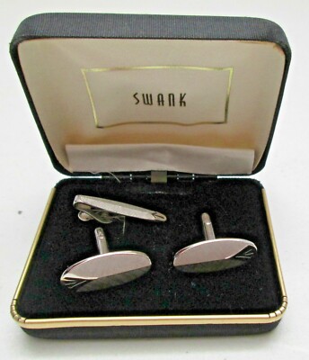 Vintage Signed Swank Cufflinks & Tie Bar Clip Clasp Box Set Silver Tone ...