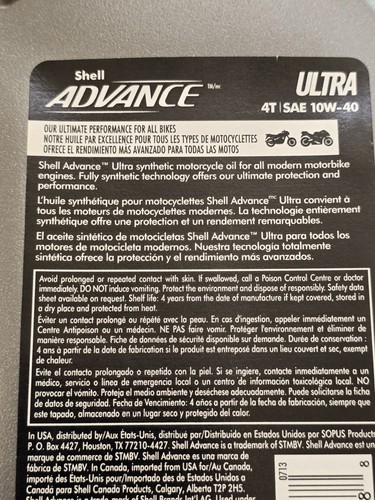 SHELL ADVANCE ULTRA 4T 10W40 FULL SYNTHETIC PERFORMANCE OIL 1L OEM ...