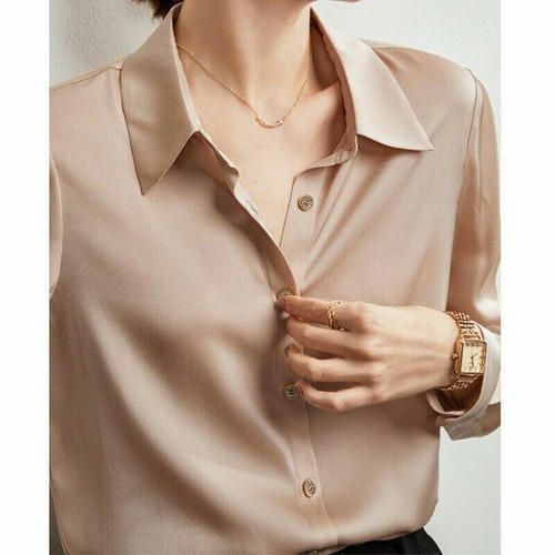 New Women Spring Mulberry Silk Design Long-sleeved Solid Color Shirt ...