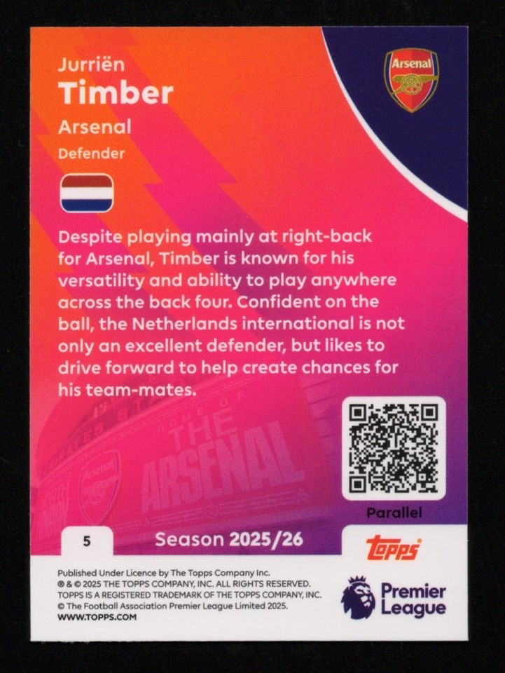 Topps Premier League 2025/2026 Jurrien Timber Yellow Parallel #5 ...