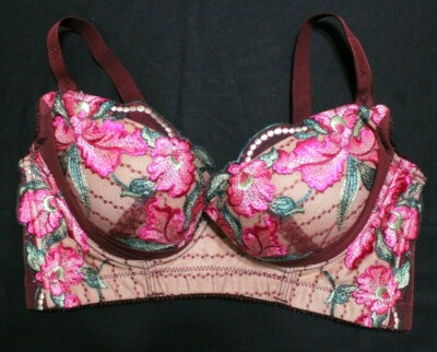 Beige/Maroon embroidered underwire push-up Bra jewel detail-Size 28B | eBay