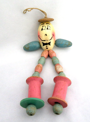 Antique 1920's TOM TINKER Wood Beads Baby Crib Toy Rattle ~ Egg Head ...
