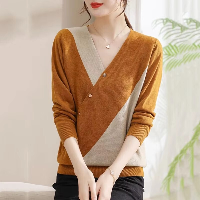 Women Knitted Bottom Shirt Pullover Sweater V-Neck Long Sleeved Top ...