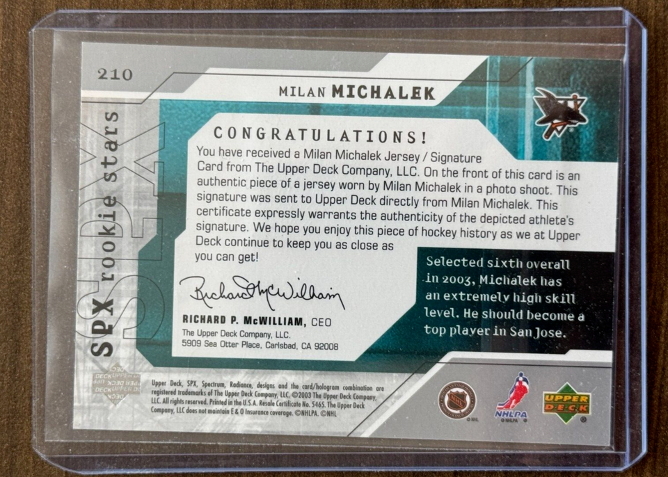Spx 2003-04 Milan Michalek RC Auto Autograph Jersey Rookie Stars /925 ...
