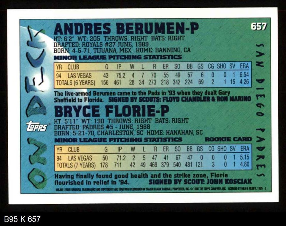 1995 Topps #657 Bryce Florie Padres 8 - NM/MT | eBay