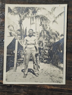 Vtg Photo Navy Army Beach Soldier Buff men shirtless muscle bulge Gay ...