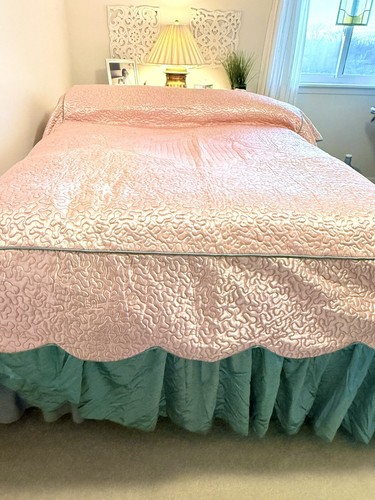 Vtg 60s Pink Silk Coverlet Bedspread Teal Ruffle Skirt Full 89x53 ...